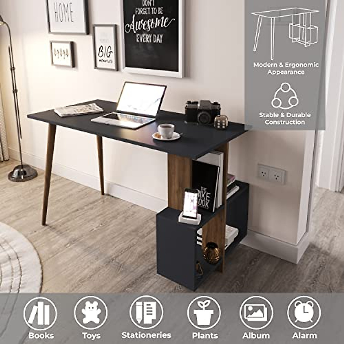 MODEAZY Side Modern Style Home Office Working Desk, Room Decor, Storage Shelves Study Writing Table, Walnut & Anthracite