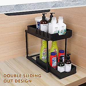 Under Sink Bathroom Cabinet Organizer, Double Sliding out Drawer Kitchen Organization, Multi-use For Vanity Counter Kitchen Storage with Hook, Black