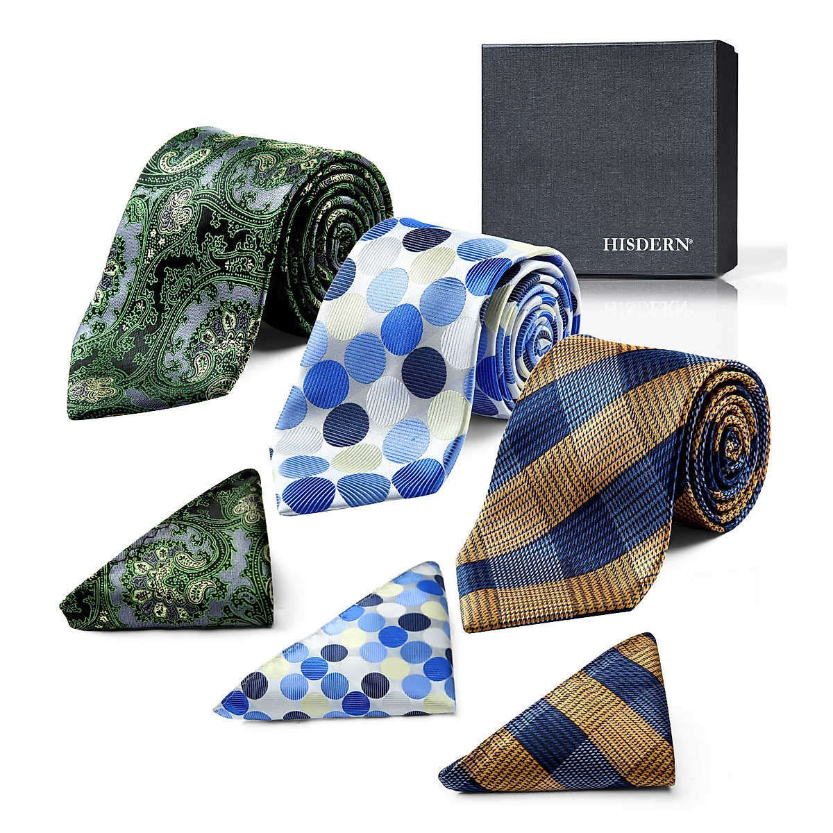 HISDERN Lot 3 PCS Classic Men's Tie Set Necktie & Pocket Square Elegant Neck Ties Collection,T3-s7,One Size