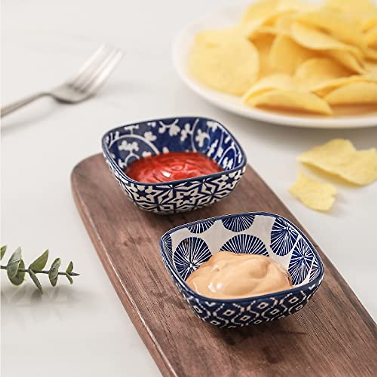 Selamica Ceramic 2.6 OZ Square Dipping Bowl Set, Soy Sauce Dish 3 inch Small Bowls for Ketchup Condiments Side Dish BBQ, Ramekins Oven safe, Stackable, Set of 6, Vintage Blue