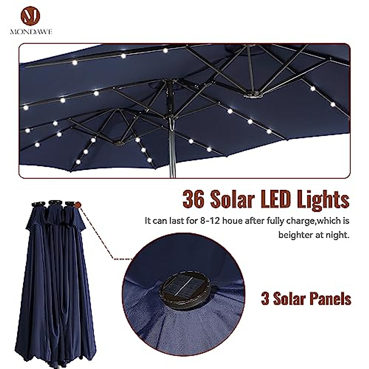 MONDAWE 15ft Double Sided Patio Umbrella with Solar Lights (Base Included) Large Outdoor Table Umbrella Rectangular Market Umbrella with Hand Crank 36 LED 12 Ribs for Outside Backyard Poolside