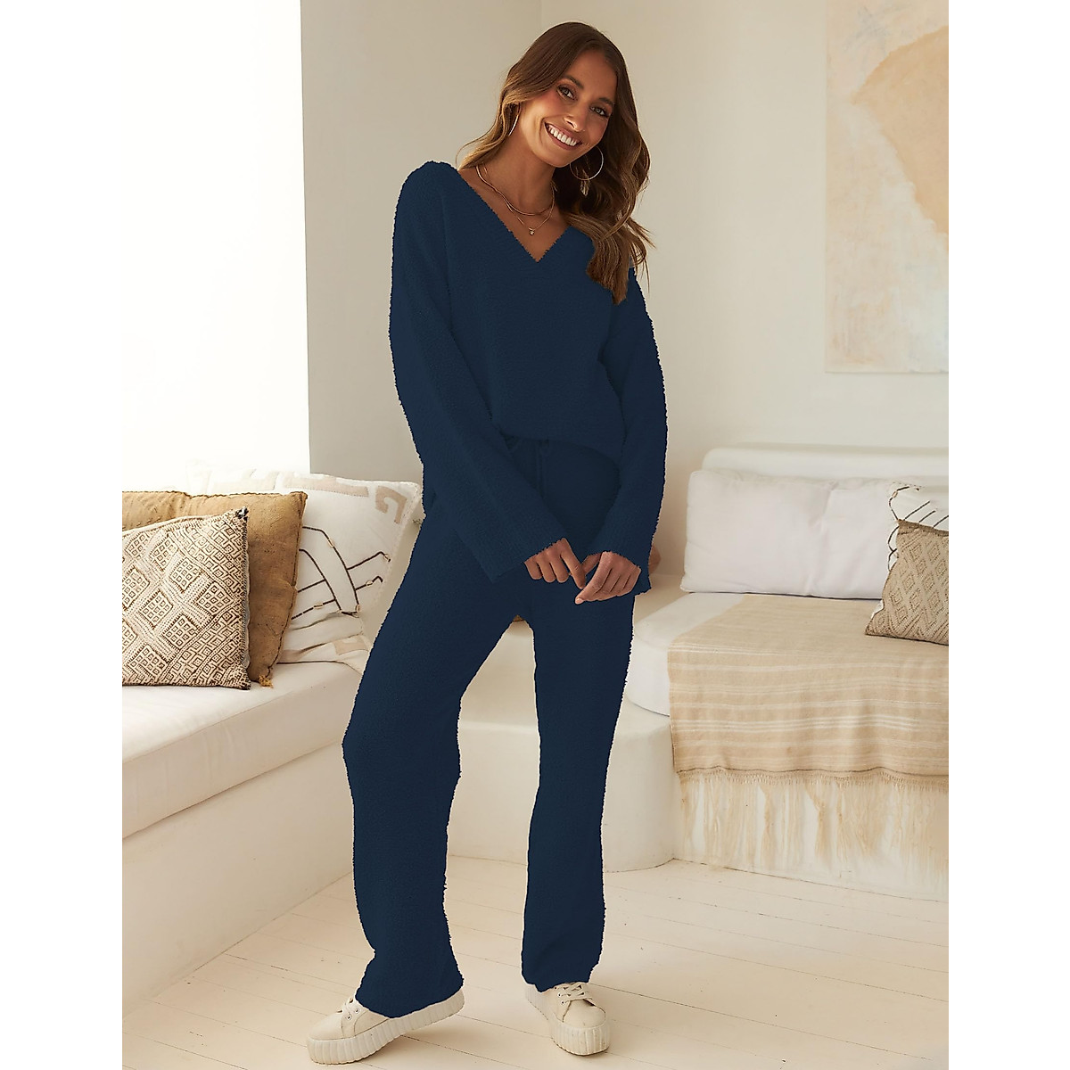 MEROKEETY Lounge Sets for Women Fall Long Sleeve V Neck Knit Pullover Sweater Top and Wide Leg Pants,Navy,M