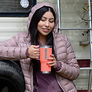 LaserGram 20oz Vacuum Insulated Travel Mug with Handle, Drum Set, Personalized Engraving Included (Coral)