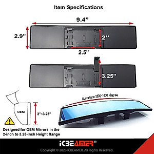ICBEAMER 9.4" Car Rear View Mirror, HD Blue Tint, Panoramic Wide Angle Convex Surface, 2 Interior Retractable Rubber Clips, Anti Glare, Automotive Accessories Universal for Truck, Car, SUV, 1 Pack