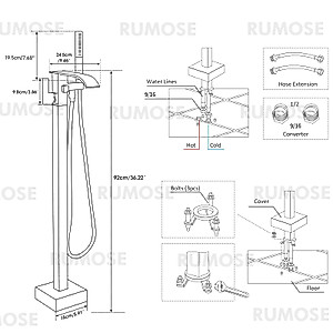 RUMOSE Tub Filler Freestanding Bathtub Faucet Oil Rubbed Bronze Floor Mount Tub Faucet Waterfall Bathtub Filler with CUPC Certified High Flow Brass Bath Shower Faucets with Handheld Sprayer