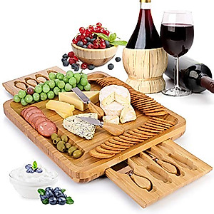 WoneNice Organic Large Bamboo Cheese Board and Knife Gift Set, 16x14 x 2 Charcuterie Board Set, Cheese Platter Wooden Serving Tray with Hidden Drawers, and 8 Stainless Steel Knives