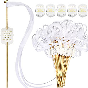 Janinka 50 Pcs Ribbon Stick Wands with Bells and 50 Pcs Wedding Wand Favor Tags Fairy Wand Streamers Party Streamers Gold Wedding Send Off Tags for Baby Shower Activities Holiday Favors (White)