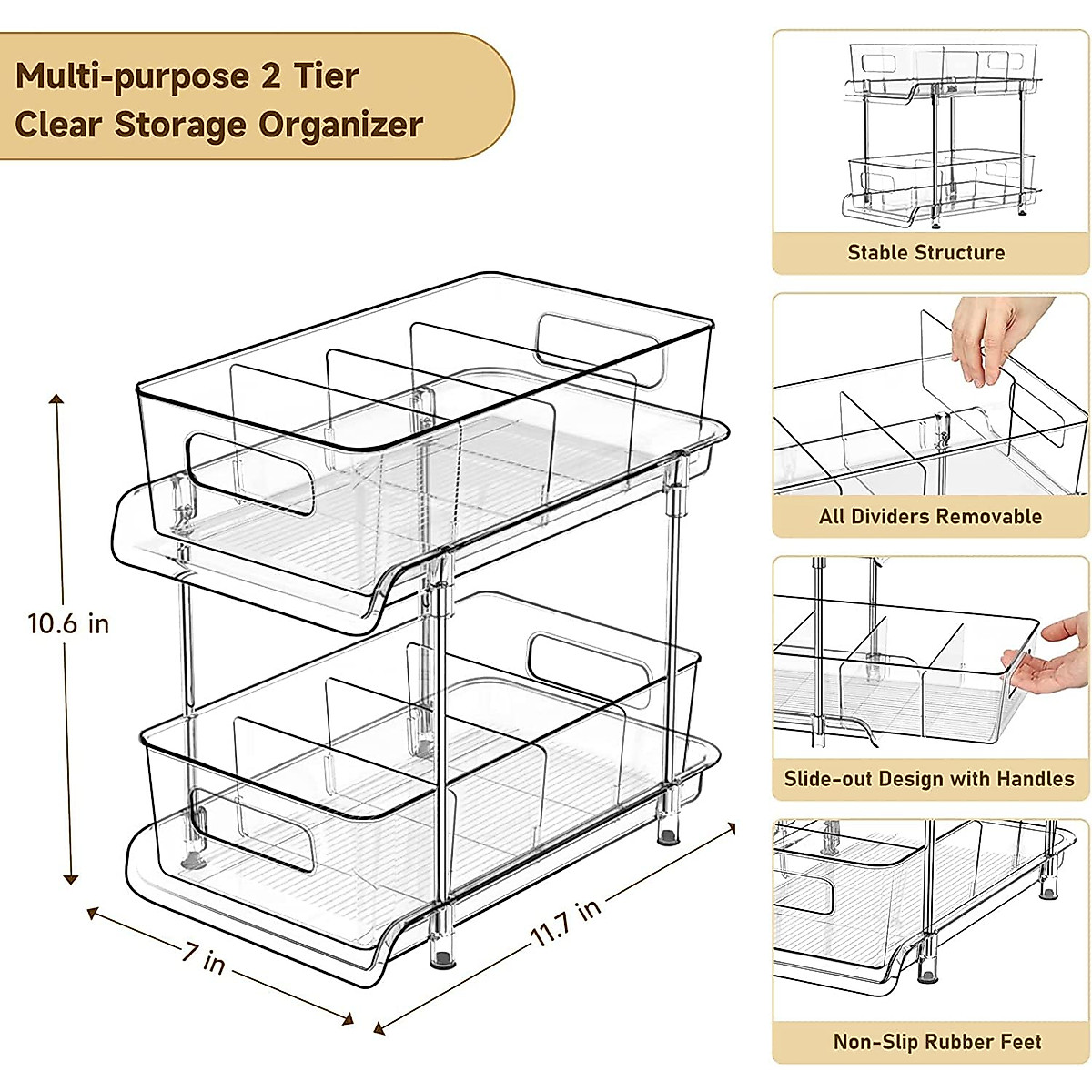 HIHEGD 2 Tier Bathroom Storage Organizer with Dividers, Clear Under Sink Organizers and Storage Pull Out Cabinet Organizer for Bathroom Kitchen Pantry Storage, Medicine Cabinet Organizer
