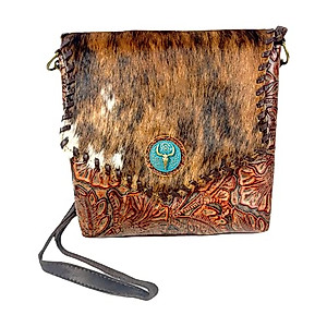 Urbalabs Western Crossbody Purse Cowhair Handbag Leather Longhorn Cow Skull Tooled Tote Bag Hand Stitched Purses (Dark Brown)