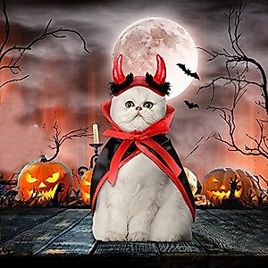 4 Pcs Halloween Pet Costume Set, Funny Vampire Cape Cloak Devil's Horn Headband Bat Wings with Bell Vampire Costume for Cat and Small Dogs, Cat Outfit Clothes for Halloween Party Pet Cosplay (Large)