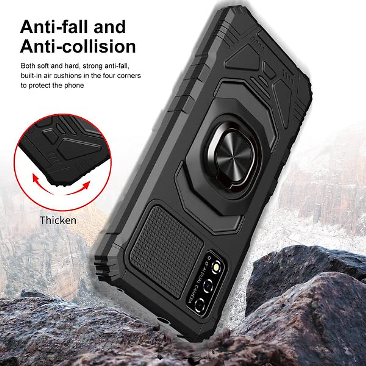 spycase Case Compatible for T-Mobile REVVL V Case w/Tempered Glass Screen Protector [Military Grade] Ring Car Mount Kickstand Shockproof Hard Phone Case - Black