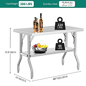 YITAHOME 48" X 24" Stainless Steel Folding Table, NSF Folding Prep Table with Undershelf, Foldable Stainless Steel Table for Home Kitchen Restaurant Garage Warehouse Patio