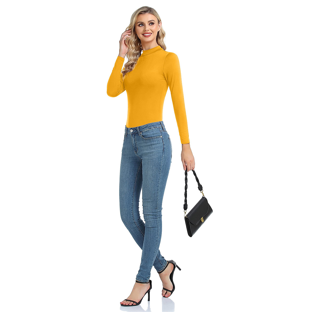 Women Long Sleeve Thermal Top Lightweight Mock Neck Shirts Slim Fit Layer Top Mustard Large