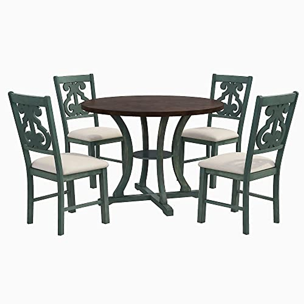 YUNLife&Home 5 Piece Kitchen and Dining Furniture Set,Round Table and Fabric Special-Shaped Legs & Exquisitely Designed Hollow Chairs Backn for Living Room/Breakfast Nook/Dinette, Antique Blue