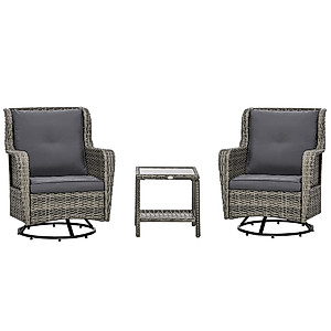 Outsunny 3 Pieces Wicker Outdoor Bistro Set, Rattan Patio Furniture Set with Glass Coffee Table and Swivel Porch Chairs for Backyard, Balcony, Garden, Gray