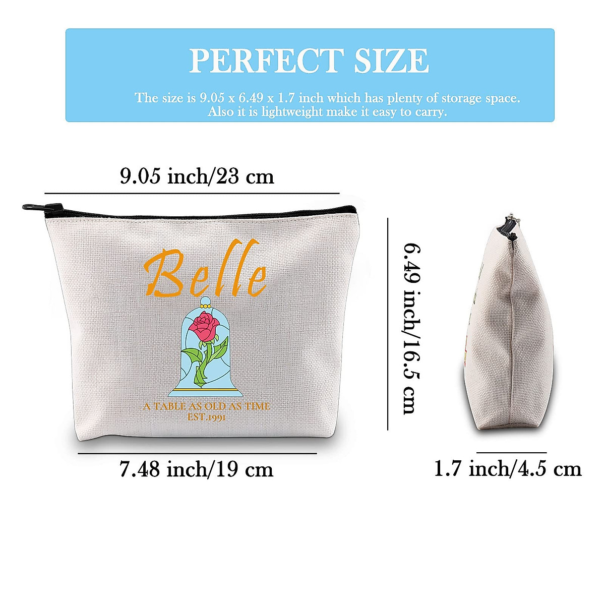 Princess Belle Rose Inspired Zipper Pouch Beauty Fairytale Princess Lover Gift A Table As Old As Time Movie Makeup Bag Gift for Princess Bella Fans (Old as Time Bag)