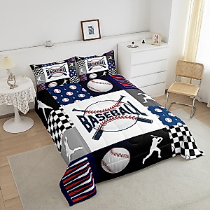 Baseball Bedding,Kids Sports Baseball Comforter Set For Boys Girls Twin Size,Teen Baseball Quilt Set Sport Fans Room Decor,Patchwork Geometric Checkered Comforter Balck white Navy Blue 1 Pillowcase