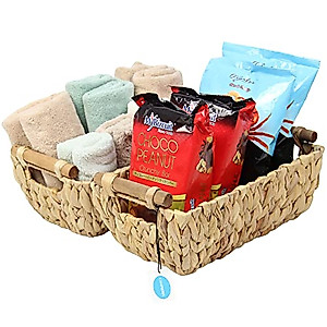 Casaphoria Small Square Irregular Hyacinth Storage Baskets Natural Hand Woven Water Hyacinth Snacks Fruits Basket Durable Trapezoid Sundries Baskets with Built-in Wooden Handles towel Basket，2-Pack