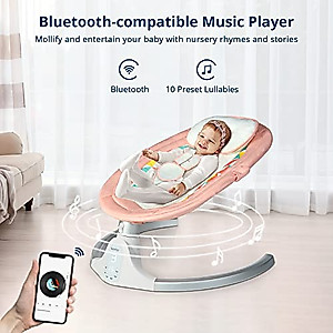 Bioby Baby Swing for Infants,The Five-Point Seat Belt,Bluetooth Touch Screen/Remote Control Baby Bouncer with Music Speaker,Motorized Portable Swing with 5 Swing Speeds（Pink）