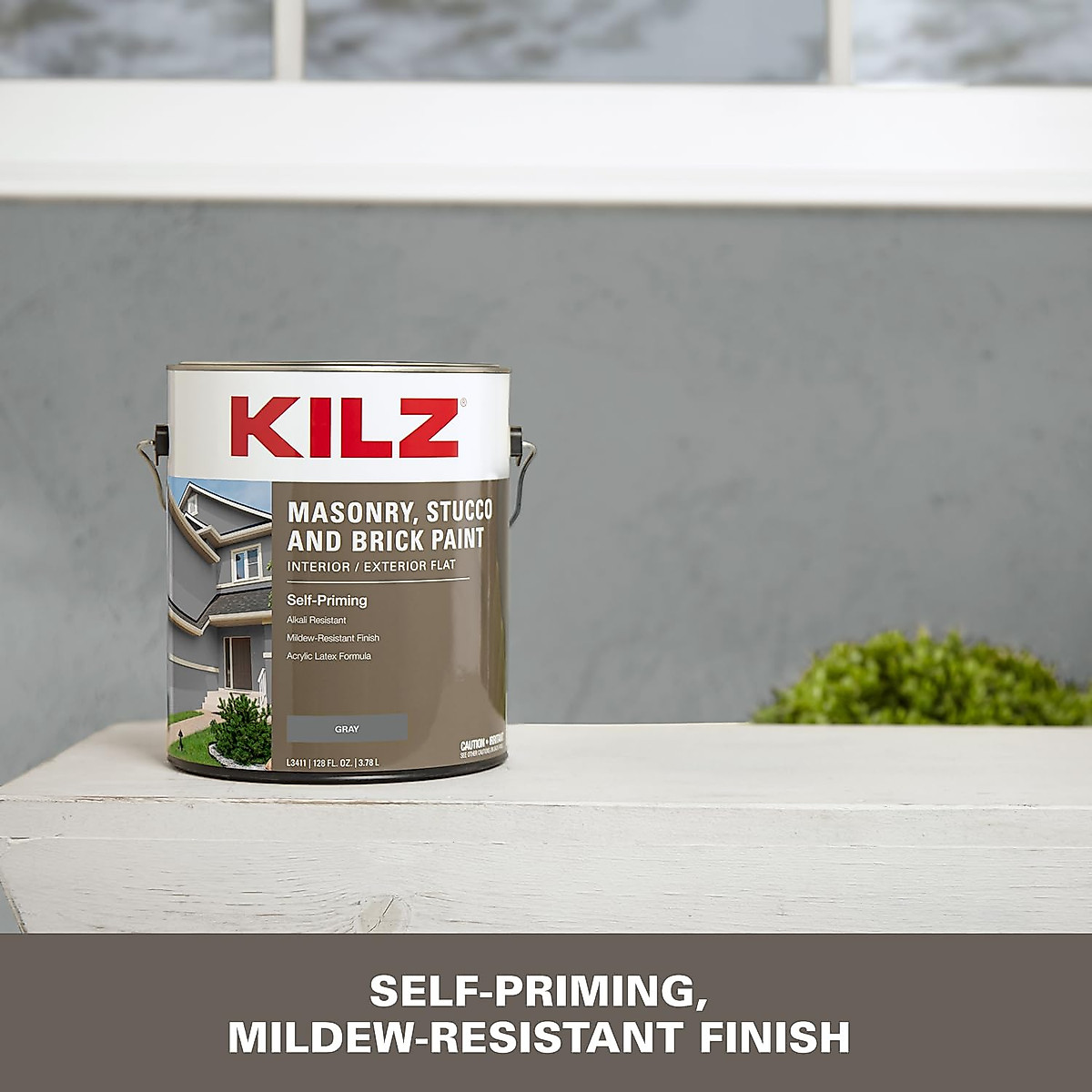 KILZ Self-Priming Masonry, Stucco and Brick Paint, Interior/Exterior, Flat, Gray, 1 Gallon