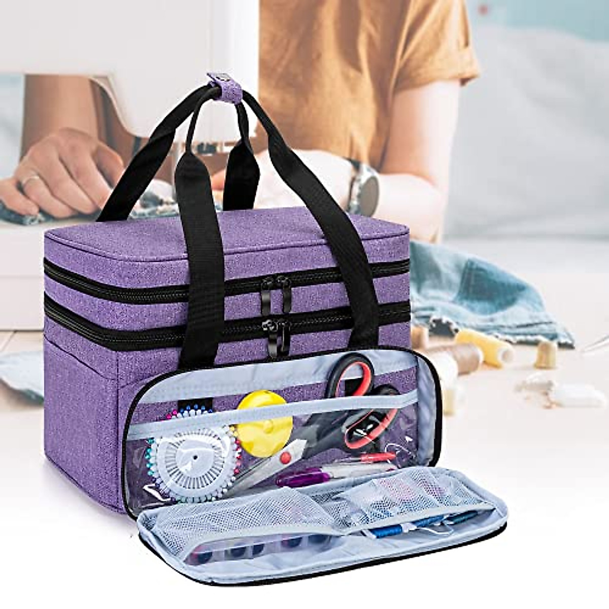 BAFASO Double Layer Sewing Accessories Organizer with 2 Detachable Pouches, Large Sewing Storage Bag for Sewing Tools (BAG ONLY), Purple