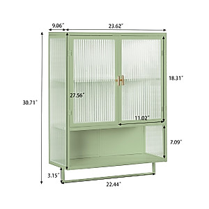 Royard Oaktree Metal Wall Cabinet with Glass Doors Wall Mounted Storage Cabinet with Open Shelf and Towel Bar Modern Medicine Cabinet for Kitchen Bathroom Living Room, Green
