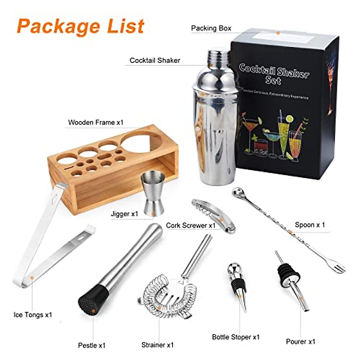Cocktail Shaker Set Bartender Kit, NICEAO 10-Piece Bar Kit, 25oz Martini Shaker, Mixing Spoon, Double Jigger, Liquor Pourers, Muddler, Strainer and Ice Tongs, Professional Bar Set Tools