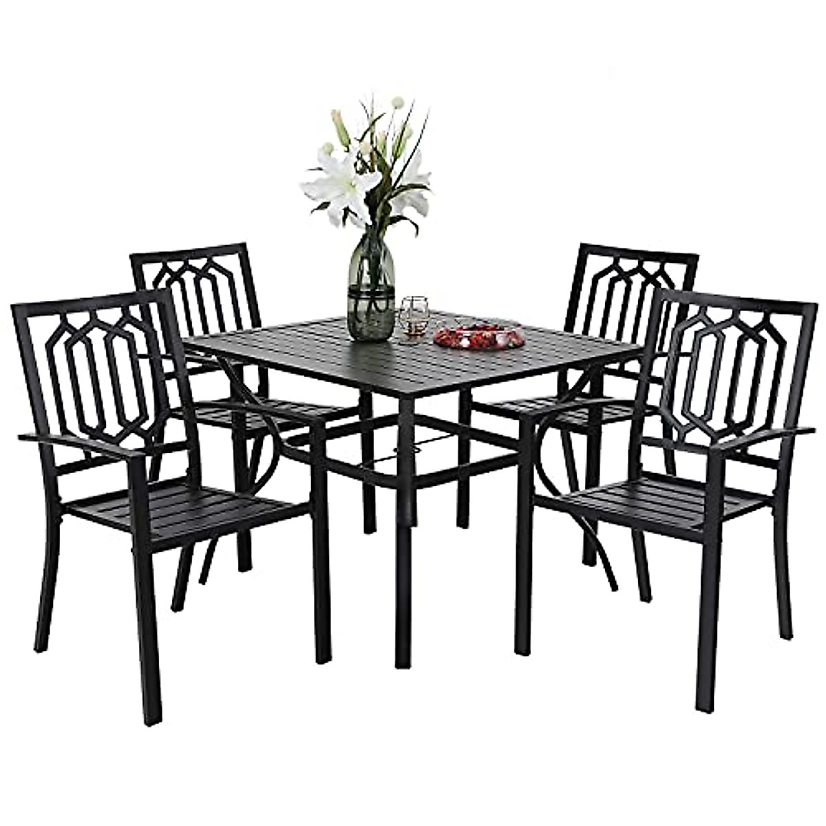 PHI VILLA 5-Piece Metal Patio Outdoor Table and Chairs Dining Set- 37" Square Bistro Table and 4 Backyard Garden Chairs, Table with 1.57" Umbrella Hole
