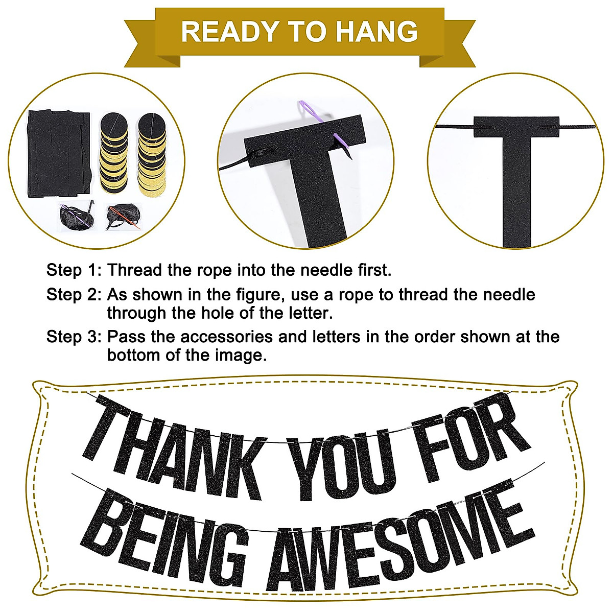 Thank You for Being Awesome Banner, Black Glitter Banner Party Decorations with 2pcs 6.6FT Hanging Circle Dot Garland Streamer for Graduation Retirement Farewell Going Away Office Work Goodbye Party