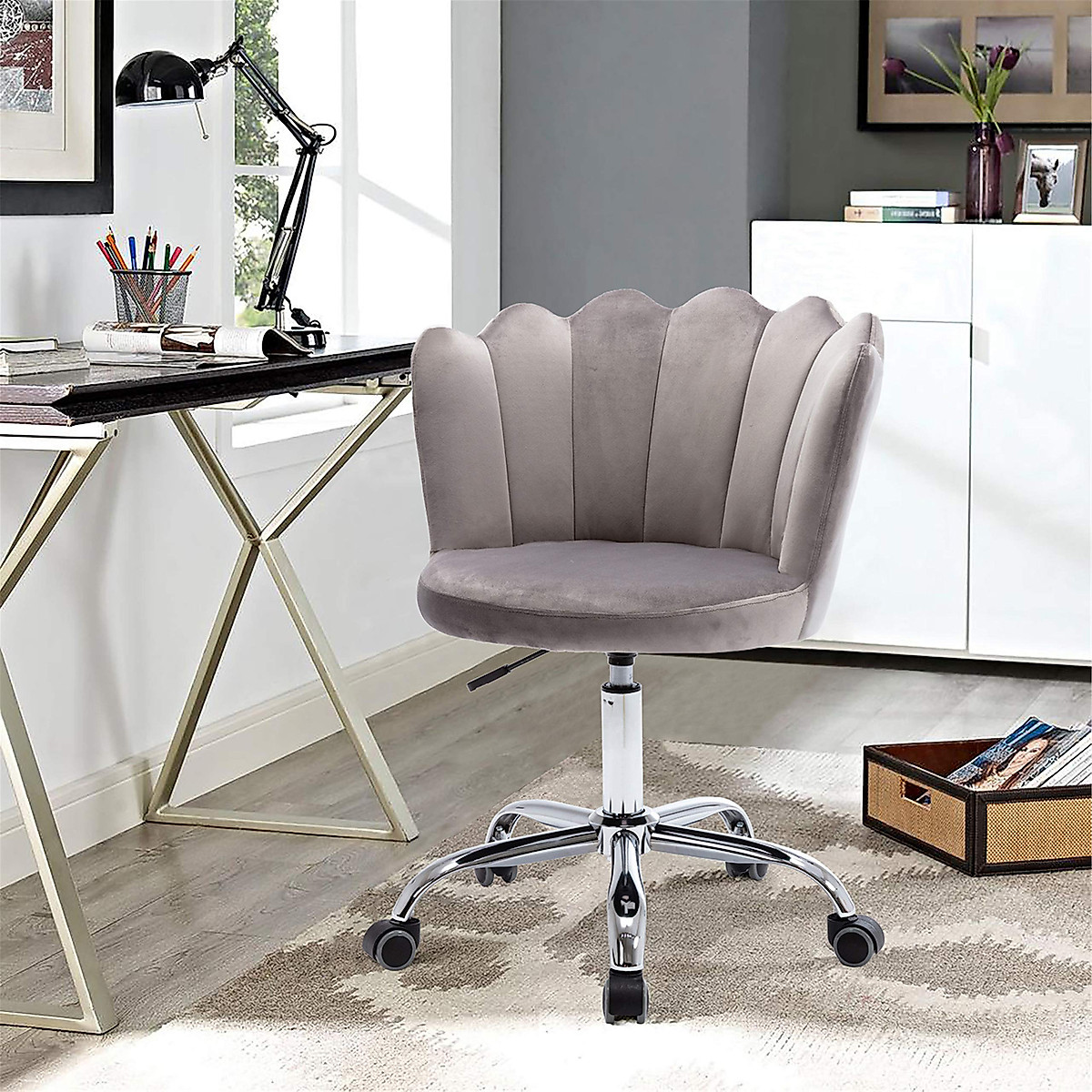 Bellemave Armless Office Cute Desk Chair, Home Office Desk Chair w/ Wheels, Velvet Vanity Chair, Adjustable Swivel Mid-Back Task Chair for Small Space, Living Room, Make-up, Study, Gray Shell Chair