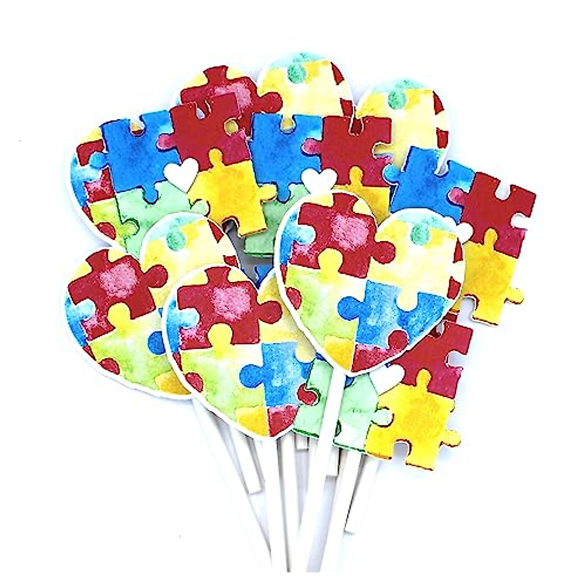 Autism Cupcake Toppers 12 pcs, Puzzle Cake Picks, Colorful Heart Birthday Decoration Party Supplies