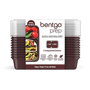 Bentgo Prep 2-Compartment Meal-Prep Containers with Custom-Fit Lids - Microwaveable, Durable, Reusable, BPA-Free, Freezer and Dishwasher Safe Food Storage Containers - 10 Trays & 10 Lids (Burgundy)