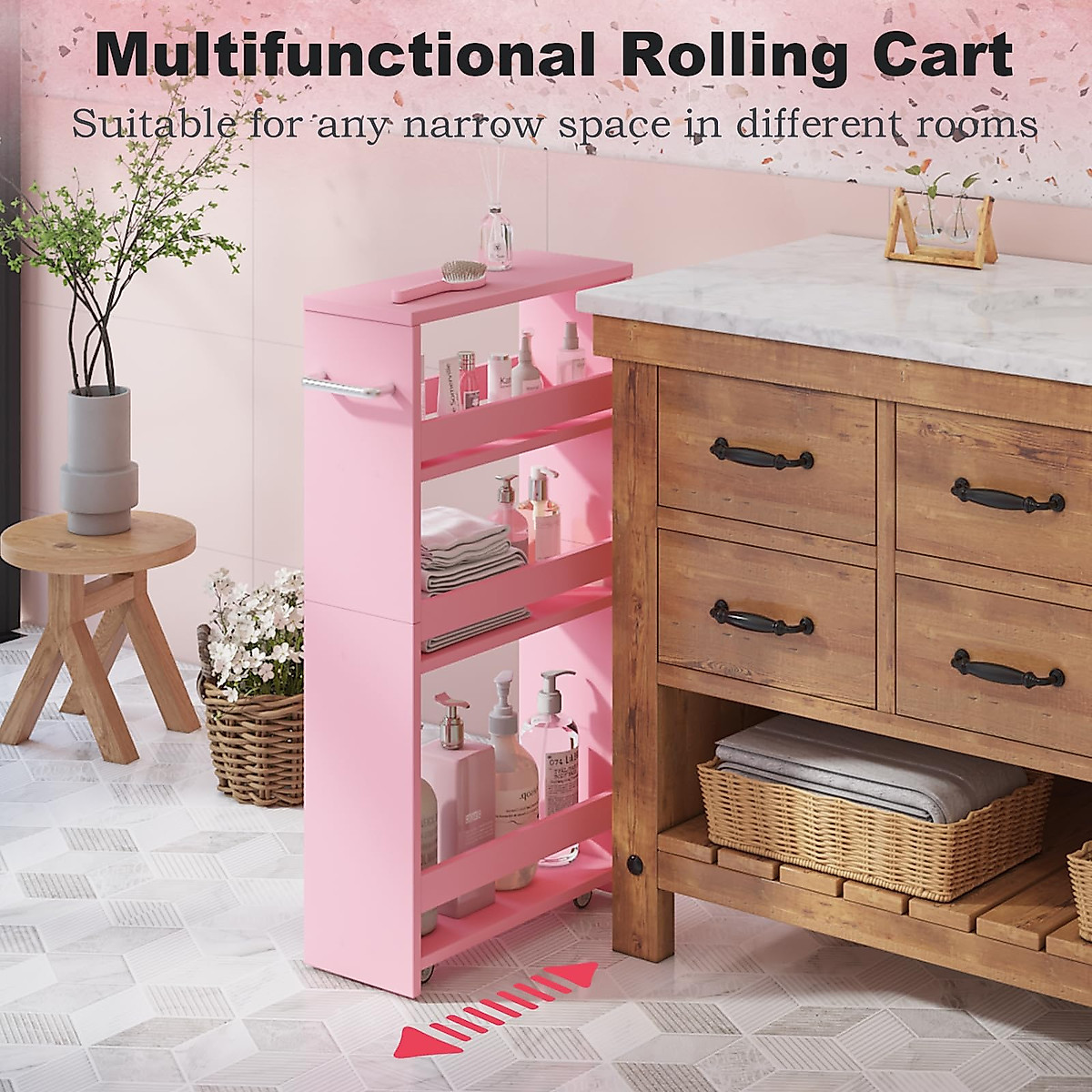 MARTY Pink Slim Storage Cart, 4-Tier Rolling Bookshelf Kitchen Cart with Wheels, Laundry Room Organization with Handle Slide Out Utility Cart Shelving Unit Trolley for Narrow Places