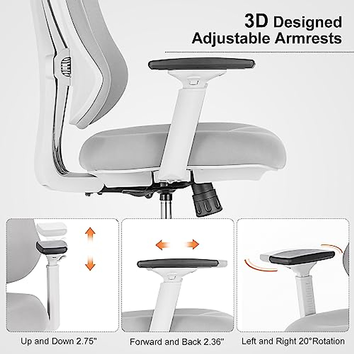 BV Dual Backrests Ergonomic Office Chair, Lumbar Support Office Desk Chair Back Support, Breathable mesh Office Chair 3D Adjustable Armrest (Grey)