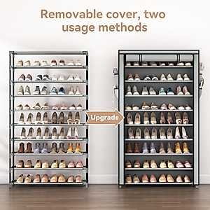 LANTEFUL Shoe Rack with Covers 10 Tier Tall Shoe Rack Organizer Large Capacity Shoe Shelf Storage 40 Pairs Space Saving Free Standing Shoe Storage Organizer for Closet, Entryway, Dorm, Grey