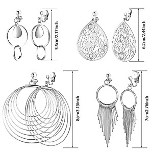 16 Pairs Clip on Earrings Jewelry Set Clip on Bohemian Earrings Clip on Hoop Dangle Drop Earrings Tassel Statement Clip-on Earrings Non Piercing Earrings for Women (Silver)