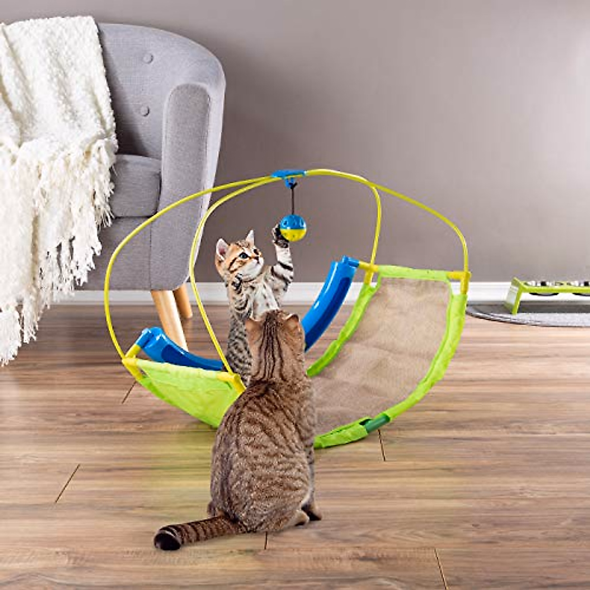 PETMAKER Interactive Cat Toy Rocking Activity Mat- Swing Playing Station with Sisal Scratching Area, Hanging Toy, Rolling Ball for Cats and Kittens