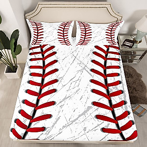 Erosebridal Baseball Bed Sheets for Boys,Red White Baseball Sheet Set for Kids,Grunge Ball Print Bedding Set,Sports Game Fitted Sheet + Top Sheet Soft + 2 Pillowcases Wrinkle Free,Full Size