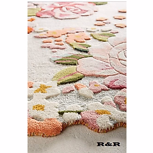 Restoration and Renovation Handmade Pink & Red Yellow Roses Irregular Shape and Oval Shape Multicoloured Floral Wool Area for Living Room, Dining Room and Kitchen Rug (Ivory, 10X8 FT)
