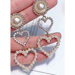 BUAJIUBUA Heart Earrings Drop Pearl Heart Earrings for Women Girls Teens Rhinestone Earrings（Gold Plated）