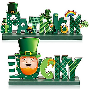 2 St. Patrick Table Decorations, Lucky Table Centerpiece Cute Leprechaun Shamrock Sign Wooden St. Patrick Happy for Dinner Party Coffee Irish Table Topper, 5.9 x 2.55 Inch