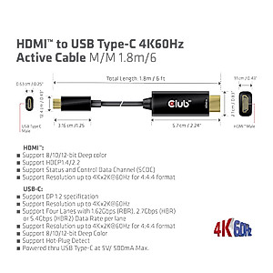 Club 3D CAC-1334 HDMI 2.0 to USB Type C 4K60Hz M/M Active Cable 1.8m-6ft