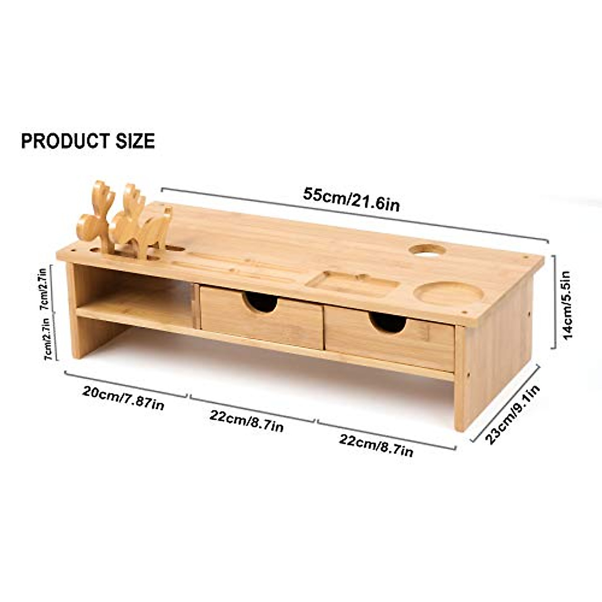 Monitor Stand Riser Desk Organizer-Bamboo 2 Tier Laptop Stand with Drawers, Adjustable Desktop Storage Organizer for Computer, Printer, Cellphone-Use in Office,Home/Reduce Neck &Eye Strain(Fawn)