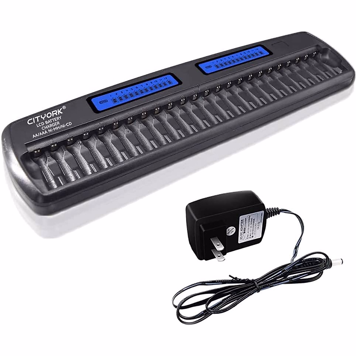 CITYORK 24 Bays Large Smart Battery Charger LCD Display Quick for 1.2V AA/AAA NiMH/NiCd Rechargeable Batteries with Built-in IC Protection & AC Wall Adapter