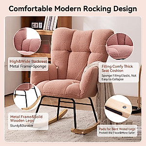 Nursery Rocking Chair Teddy Fabric Padded Seat with High Backrest and Armrest Accent Chair Upholstered Armchair Single Sofa Accent Glider Rocker for Living Room Bedroom Offices (Pink Teddy)