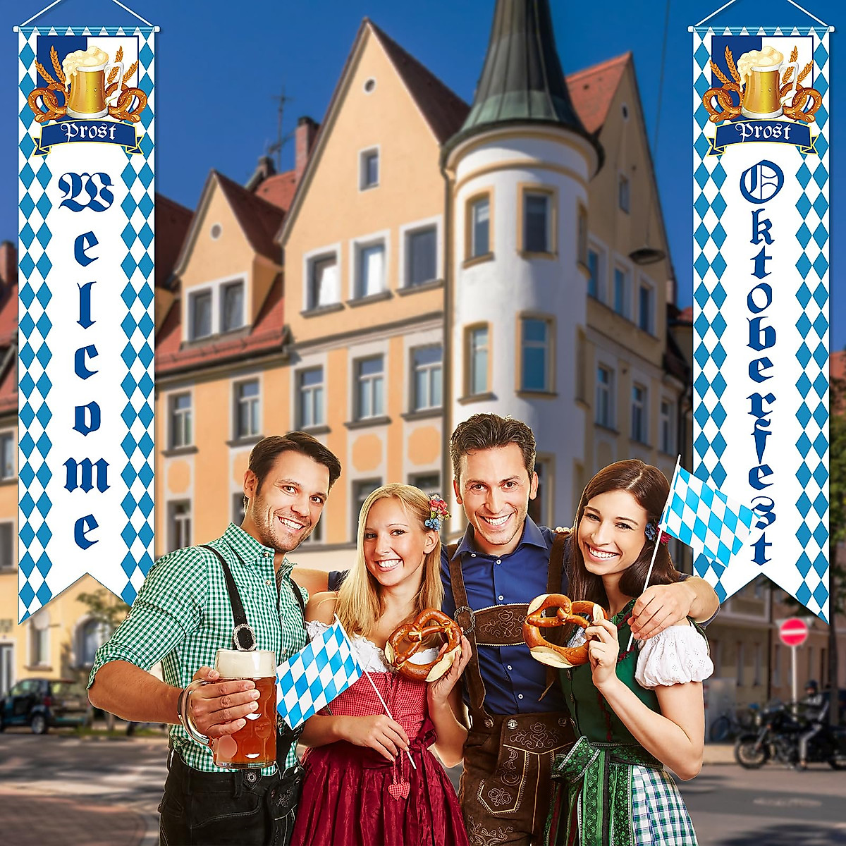 Oktoberfest Welcome Banner Decorations, Blue and White Bavarian Flag Check Welcome Porch Sign Banner, Welcome Oktoberfest Door Banner Decorations for German Oktoberfest Beer Festival Party Supplies