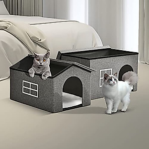APEXCHASER 2-Tier Cat House, Large Fabric Cubes for Pets Collapsible Warm Cat Condo for Indoor, Cat Shelter with Removable Mat, Easy to Assemble and Storage