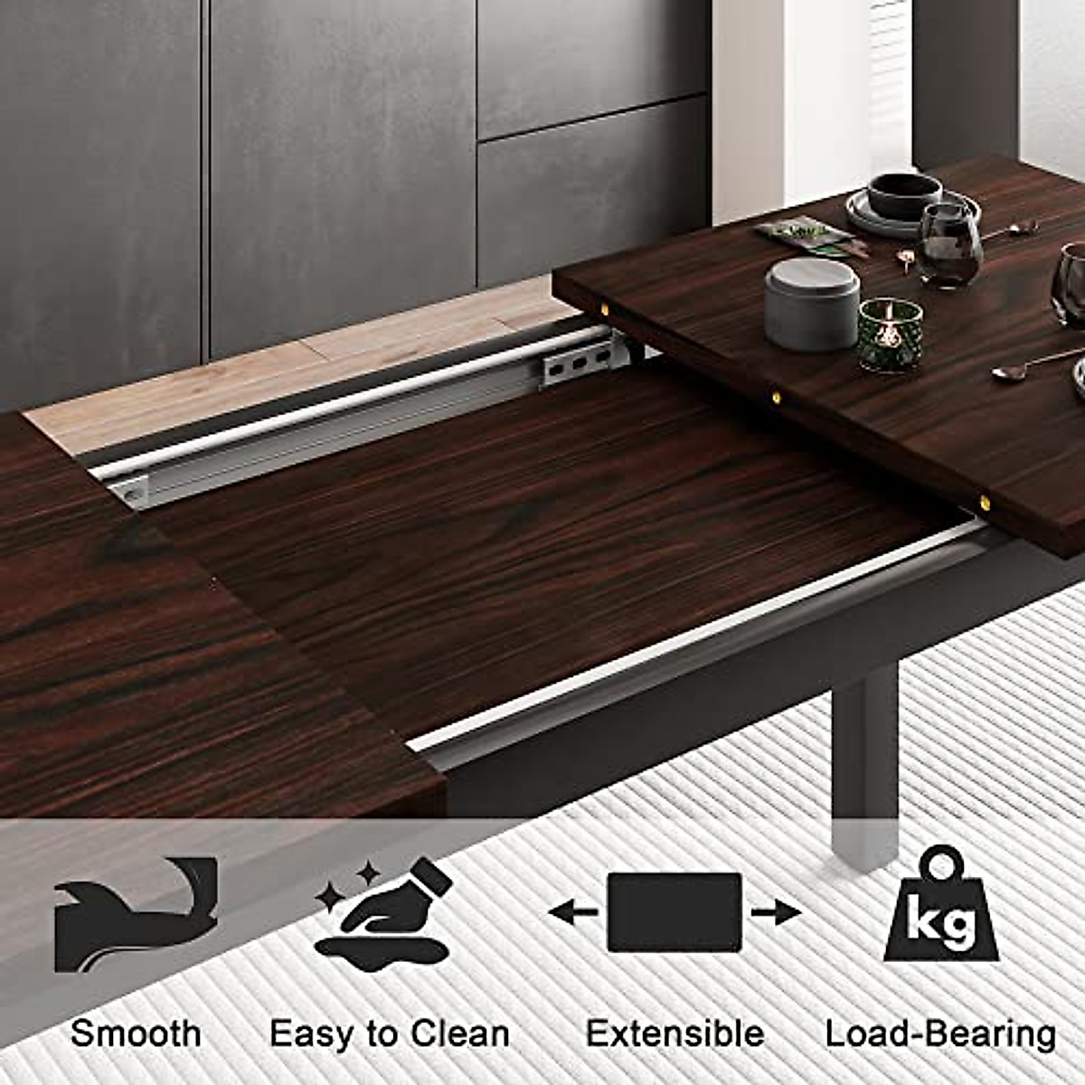 Feonase 3-Piece 63" XL Large Dining Table Set for 4-8 People, Extendable Kitchen Table Set with 2 Benches, Dining Room Table with Metal Frame and Solid MDF Wood Board, Easy Assembly, Espresso