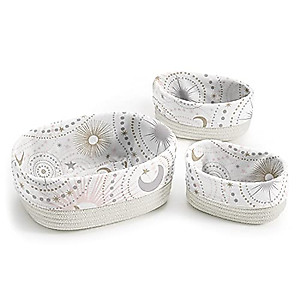 Sweet Jojo Designs Blush Pink Gold Star Moon Girl Woven Storage Basket Set 3pc Cotton Rope Diaper Caddy Bins Baby Nursery Shelf Kids Closet Drawer Organizer Liner Grey Celestial Sky Gray Shabby Chic