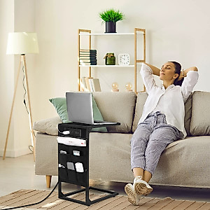Set of 2 C Shaped End Table with Charging Station, Snack Side Table, C Tables for Couch, Couch Tables That Slide Under, for Living Room, Bedroom, Black